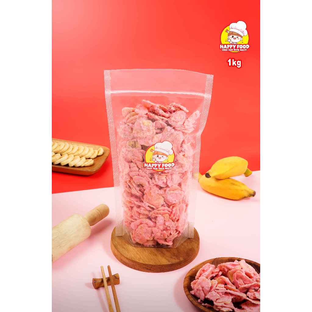 Jual Kripik Pisang Strawberry Lumer Happy Food Renyah 1 kg | Shopee ...