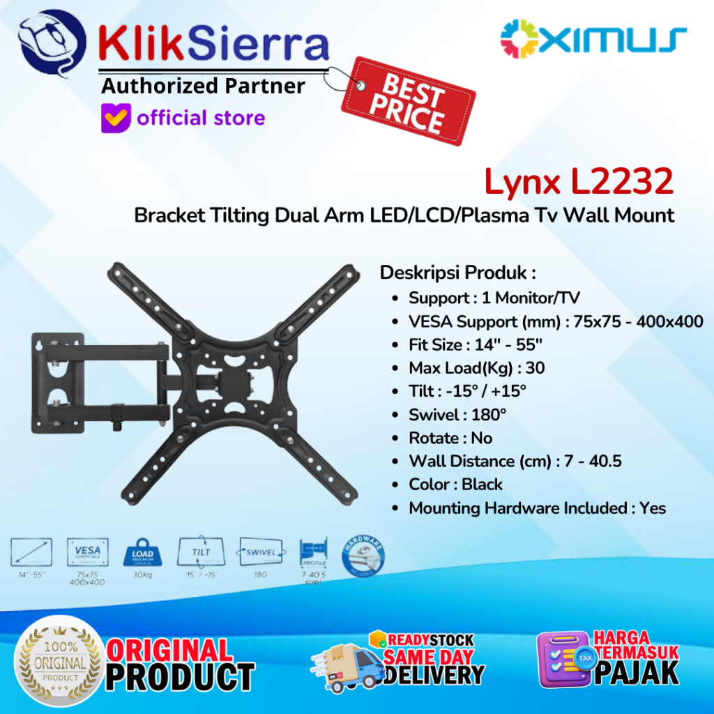 Jual OXIMUS LYNX L2232 - BRACKET TV Monitor 14" - 55" Tilt Swivel ...