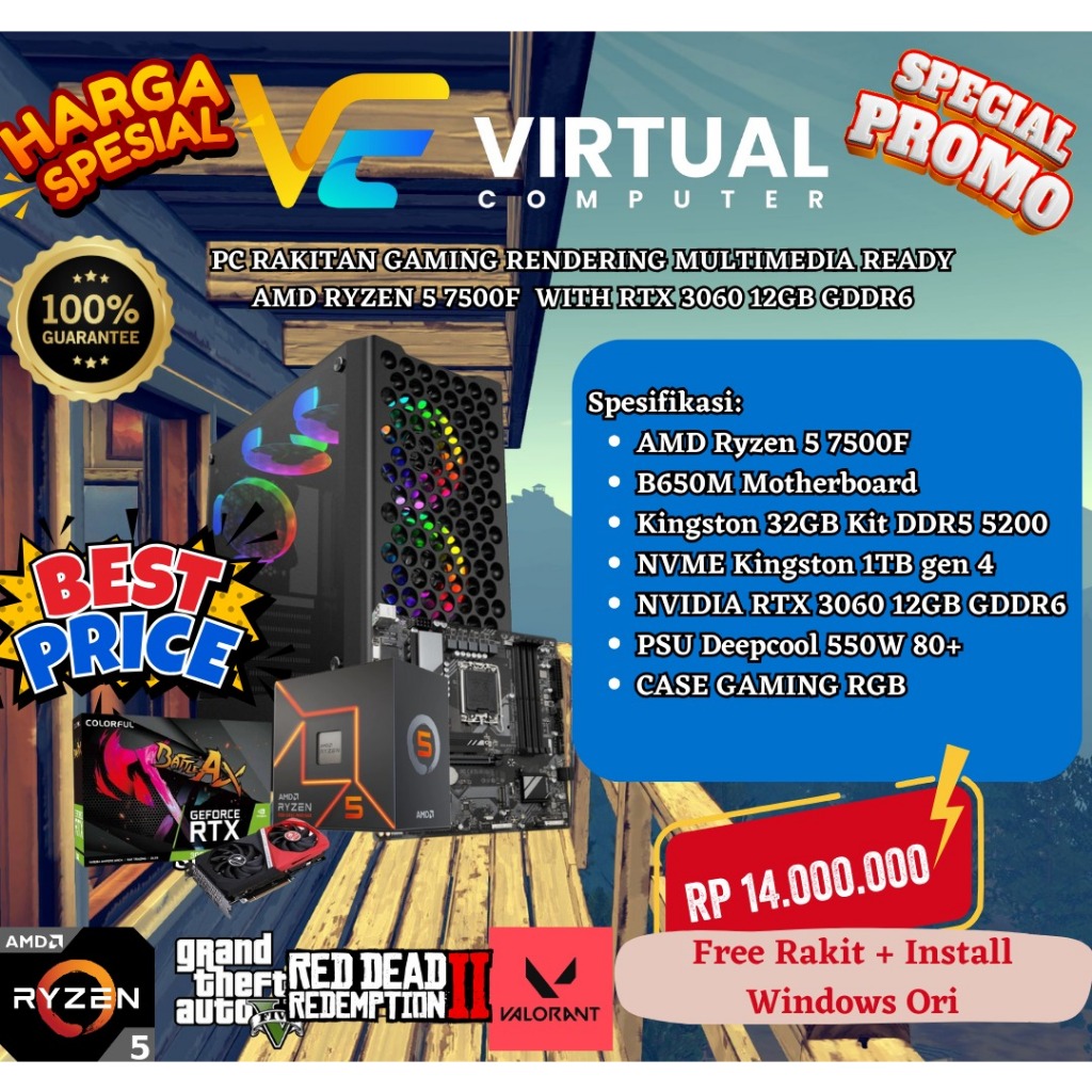 Jual PC RAKITAN AMD RYZEN 5 7500F|RAM 32GB DDR5|NVME 1TB|RTX 3060 12GB | Shopee Indonesia