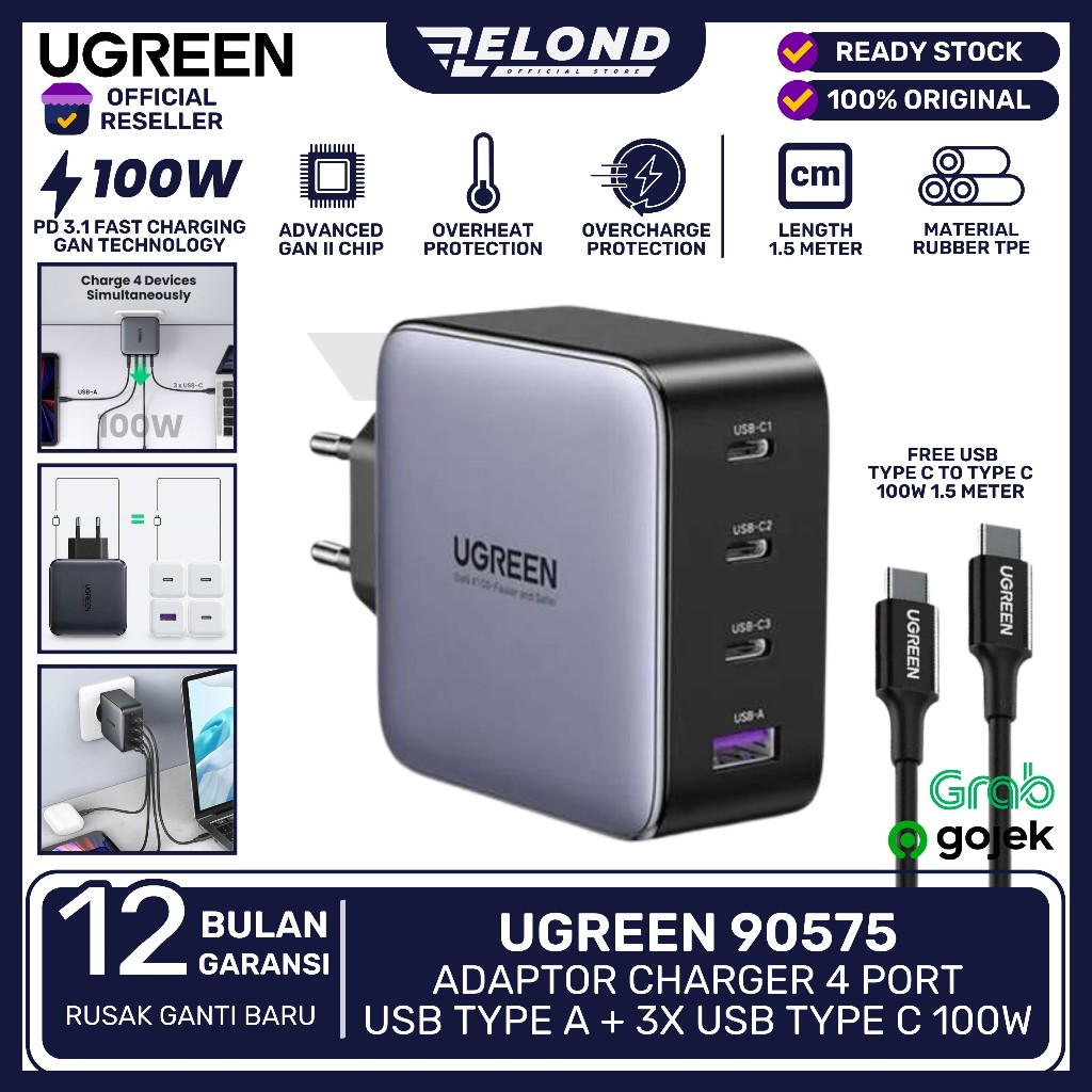 Jual UGREEN 100W Adaptor Kepala Charger GaN 4 Port Fast Charging 100W 40747 90575 | Shopee Indonesia