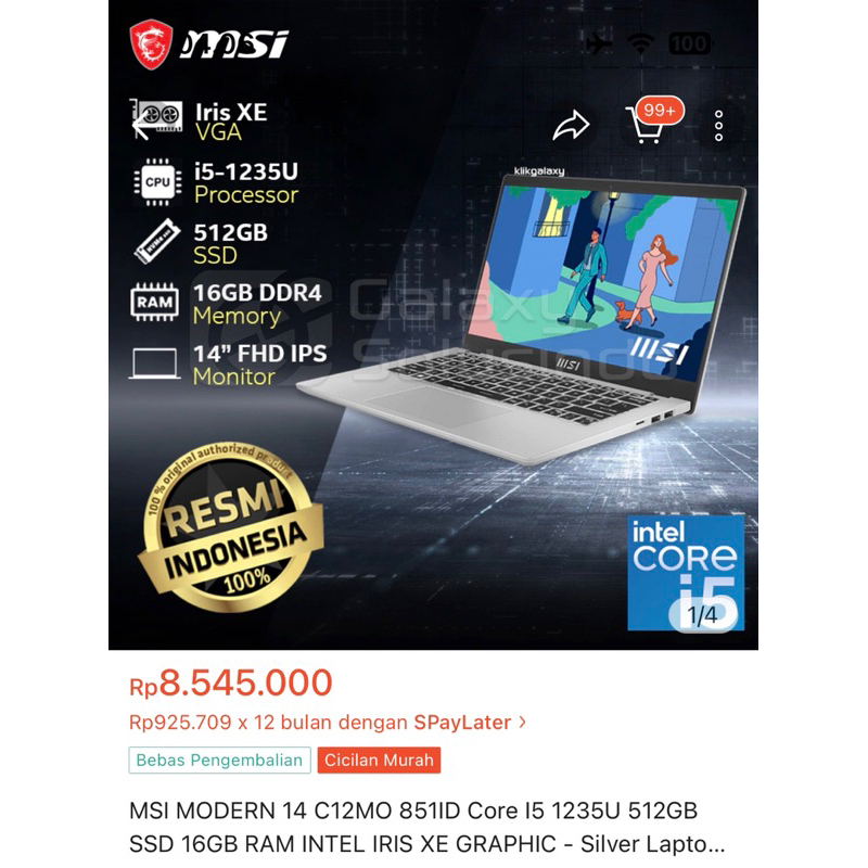 Jual MSI MODERN 14 C12MO 851ID Core I5 1235U 512GB SSD 16GB RAM INTEL ...