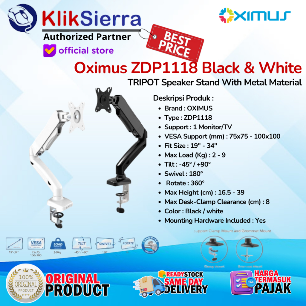 Jual OXIMUS ZDP1118 Black & White - BRACKET Single Arm Gas Spring TV ...
