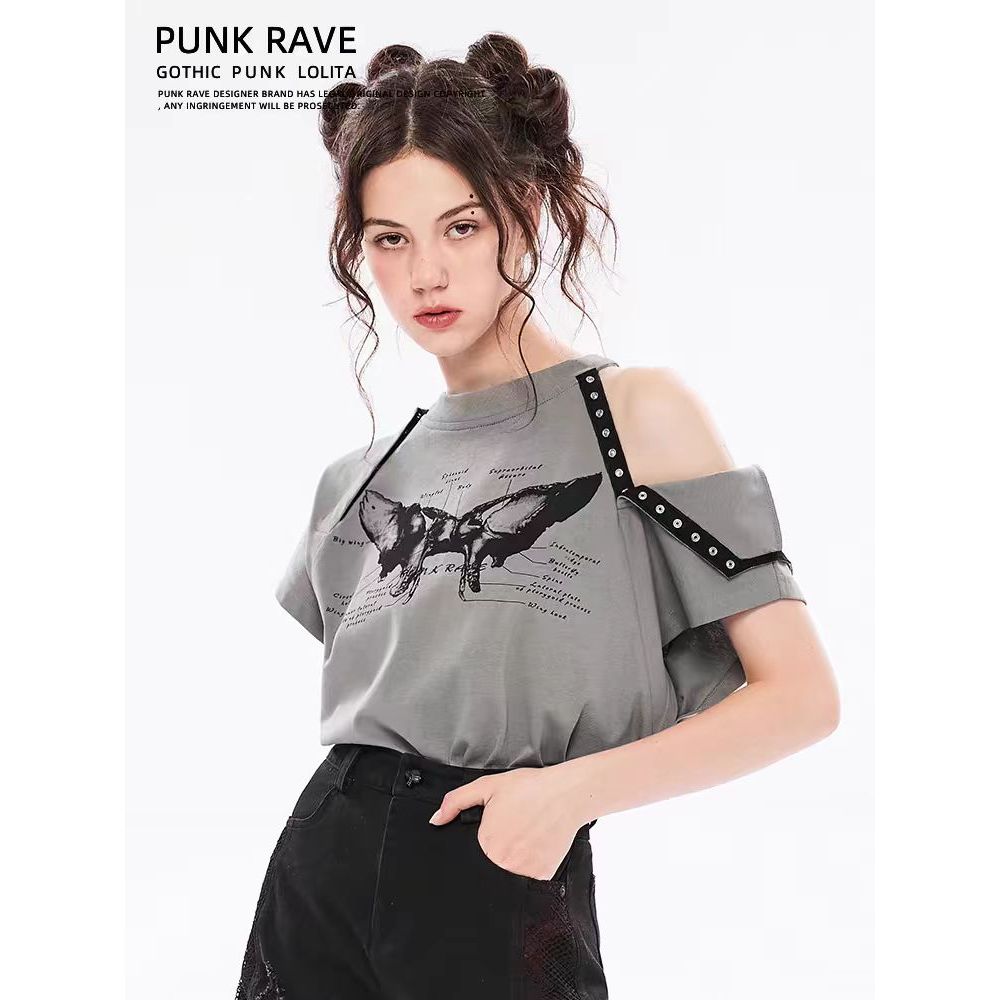 Jual Punk rock off-the-shoulder t-shirt wanita musim panas lengan ...