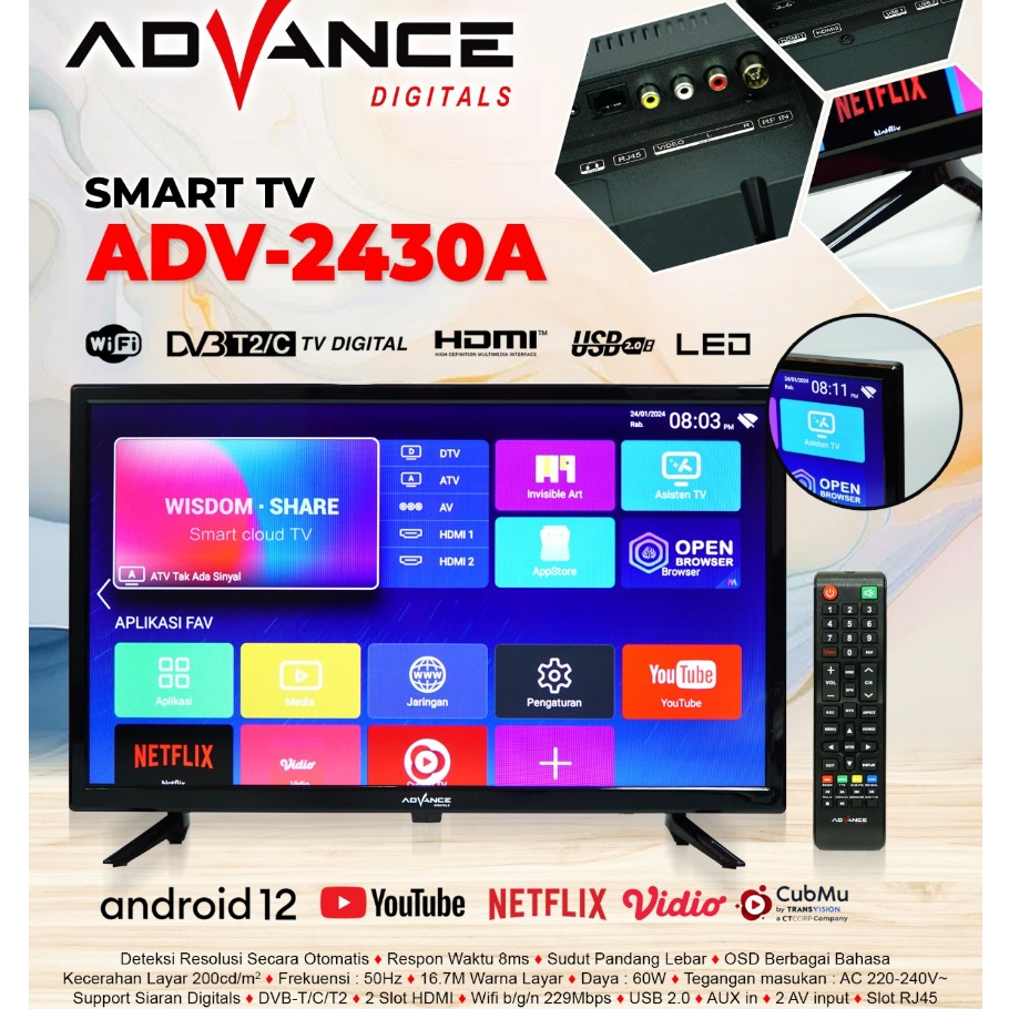 Jual [FREE PACKING KAYU] Advance ADV-2430A Smart Televisi Android TV LED 24 inch HD Support ...