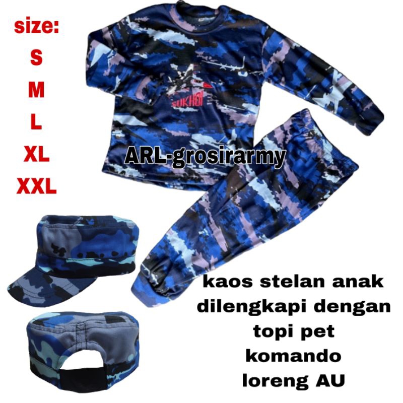 Jual setelan kaos anak loreng tni au lengan panjang di lengkapi dg topi pet komando satu set ...
