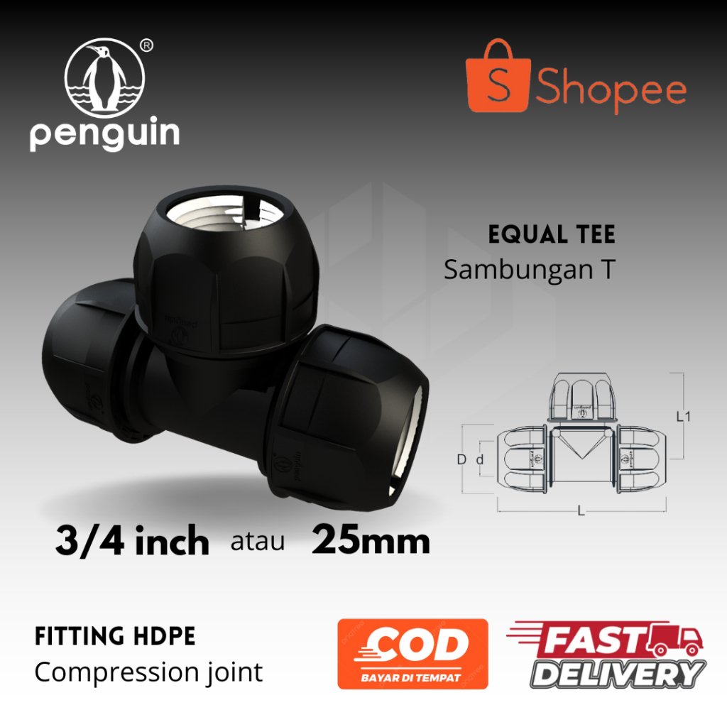 Jual Sambungan Pipa HDPE Equal Tee / T ukuran 3/4 inch atau 25mm FITTING COMPRESSION Merk ...