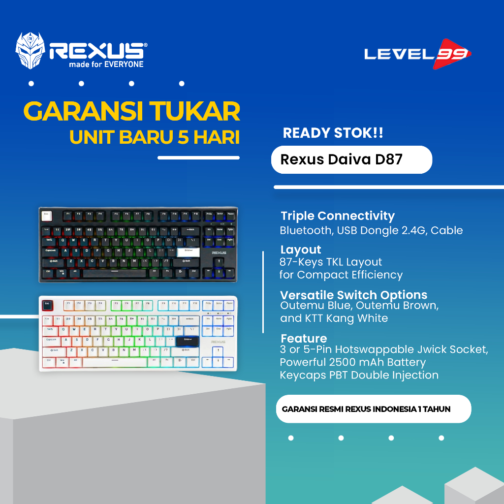 Jual REXUS DAIVA D87 WIRELESS MECHANICAL Gaming Keyboard | Shopee Indonesia