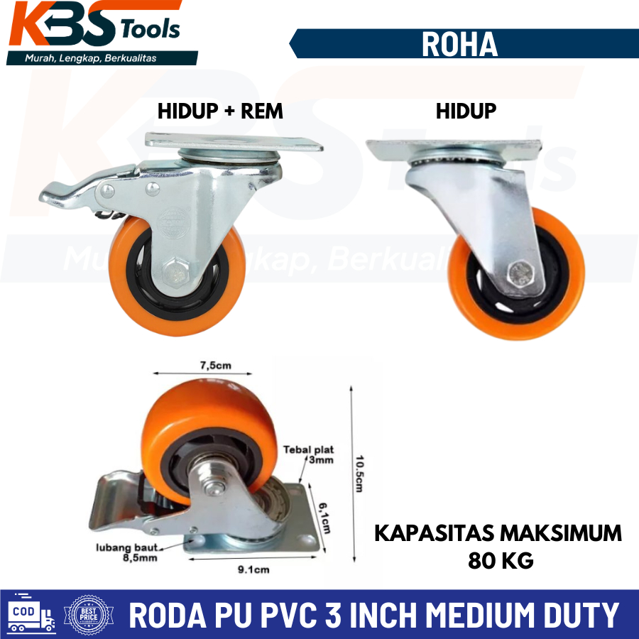 Jual Roda Troli PVC ROHA PU Medium Duty 3" HIDUP - Roda PVC Orange ...