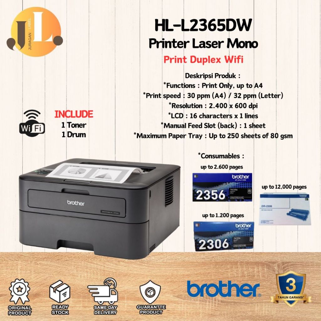 Jual Printer BROTHER HL-L2365DW Laser Mono Duplex Wifi L2365DW Garansi ...