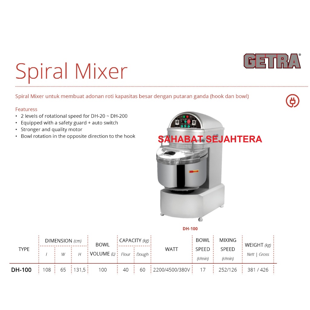Jual GETRA Spiral Mixer DH-100 Mesin Pembuat Adonan Roti 100L | Shopee ...