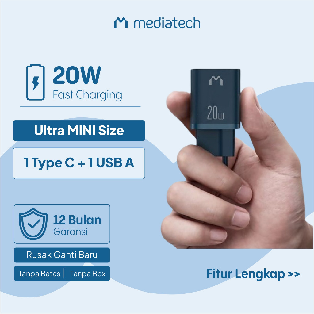 Jual Mediatech Mini Travel PD Fast Charger 20W (Type C + USB A ...