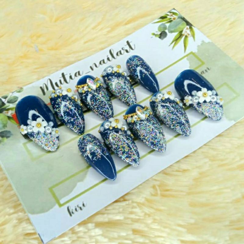 Jual Kuku palsu Biru | Blue Flower 2 | Free Lem Gel | Wedding fake ...