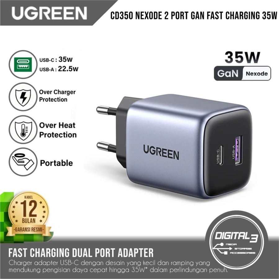 Jual Wall Adapter Fast Charger UGREEN CD350 Nexode USB A Type C GAN 35W ...