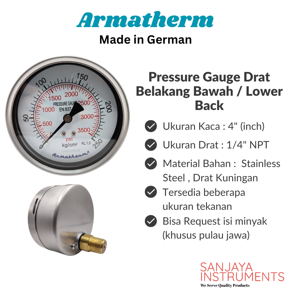 Jual ARMATHERM Pressure Gauge 4" inch 6 - 1000Bar Drat 1/2 Payung Lower Back SS Brass | Shopee ...