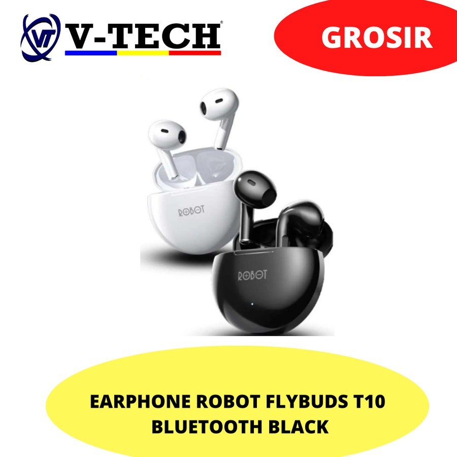 Jual EARPHONE ROBOT FLYBUDS T10 BLUETOOTH BLACK/WHITE | Shopee Indonesia