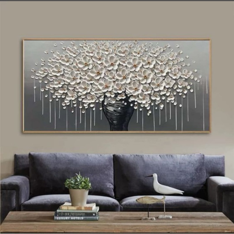Jual Lukisan dinding abstrak tekstur pot bunga putih ukuran 150x80cm ...
