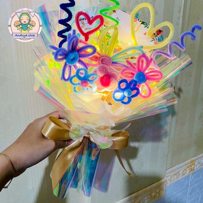 Jual Buket bunga kawat bulu hologram LED cellophane hampers ultah ...