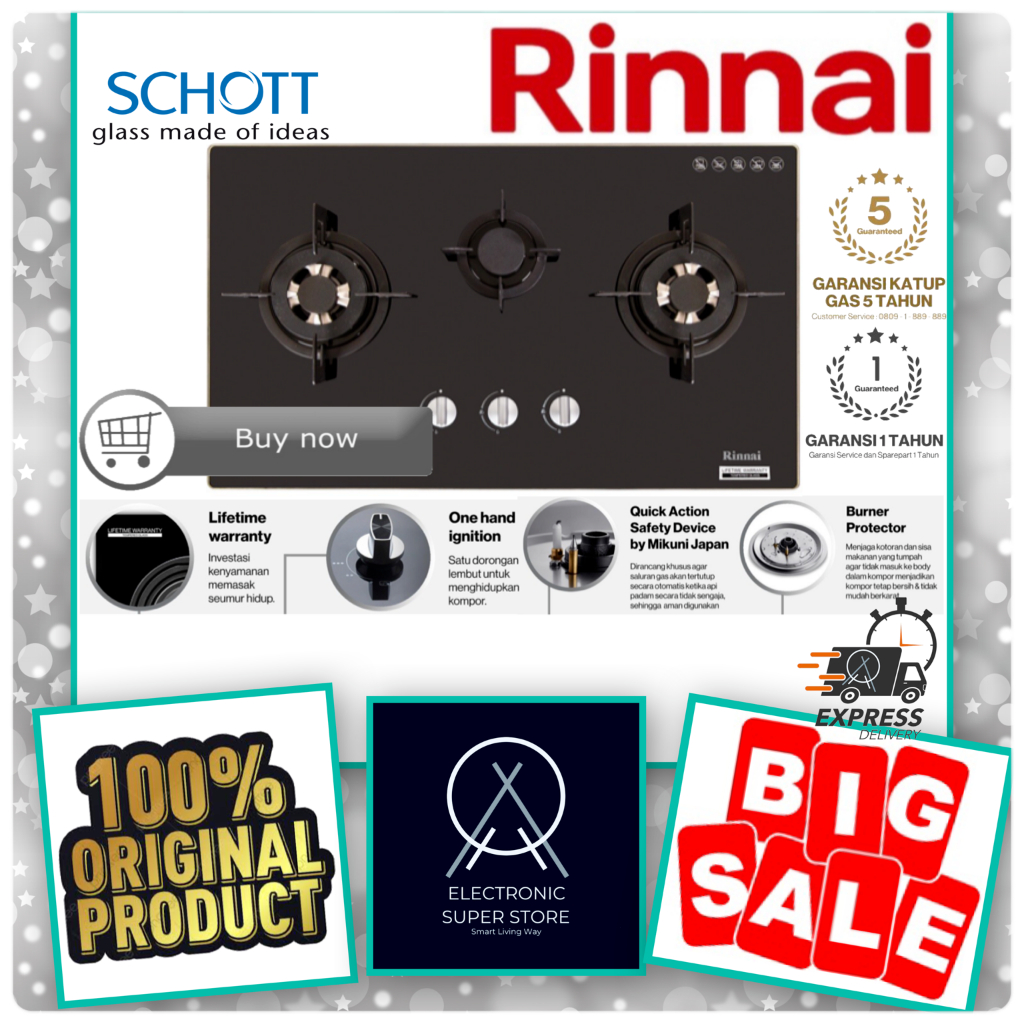 Jual KOMPOR RINNAI RB713N(GB) RB-713N GB KOMPOR TANAM 3 TUNGKU TEMPERED GLASS BIG FLAME RINNAI ...