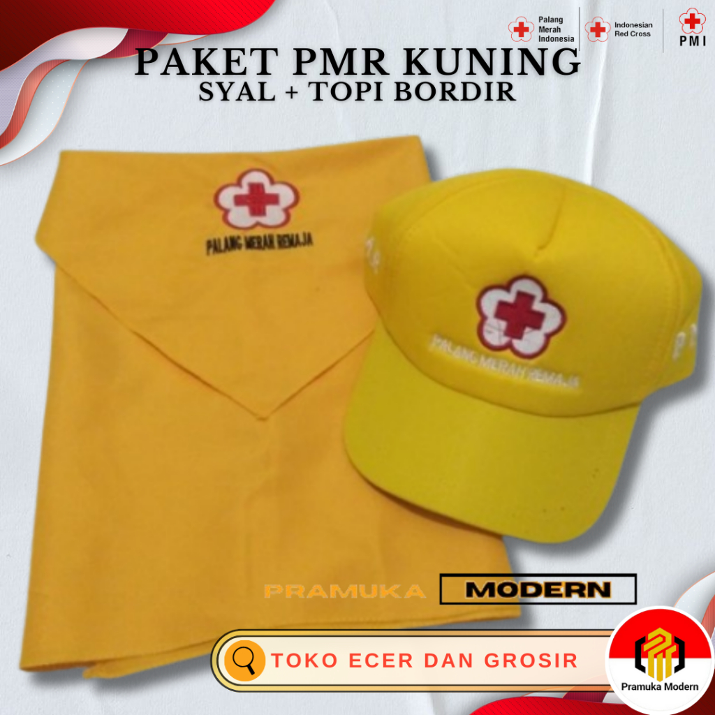 Jual Paket ( syal + topi) PMI PMR kuning dan biru Palang Merah ...
