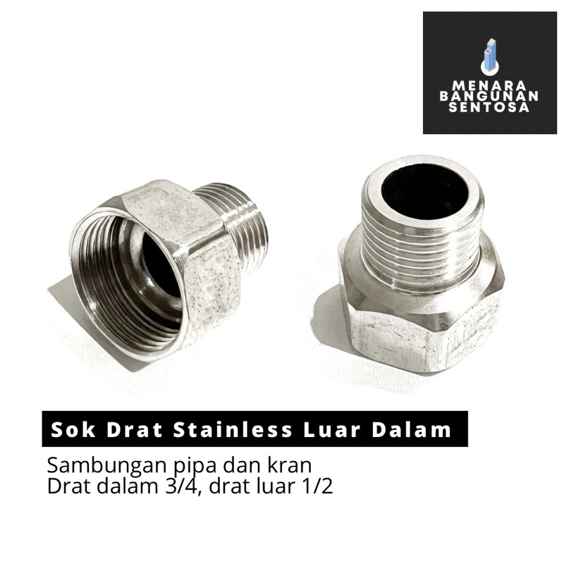 Jual Sok Kran Stainless Drat Luar Dalam 1/2" - 3/4" - Reducer Sock Sambungan Valve Ring Verloop ...