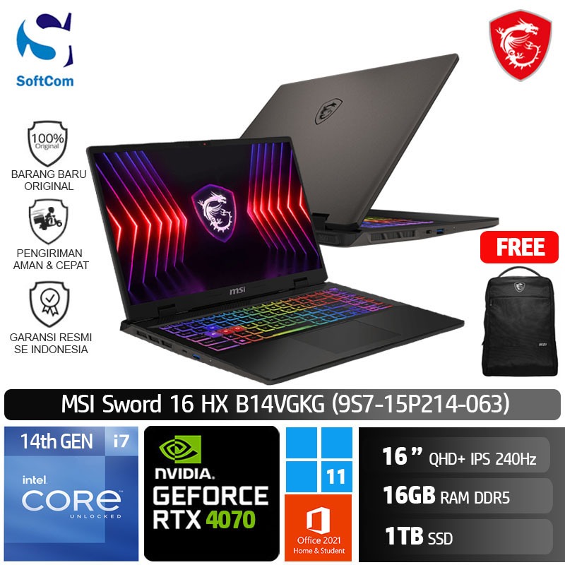 Jual MSI Sword 16 HX B14VGKG 063 i7 14700HX/16GB/1TB SSD/RTX4070 8GB/16 ...