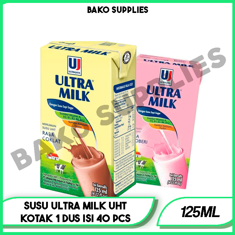 Jual SUSU ULTRA MILK UHT KOTAK 1 DUS ISI 40 PCS @125ML | RASA COKLAT / STROBERI | Shopee Indonesia