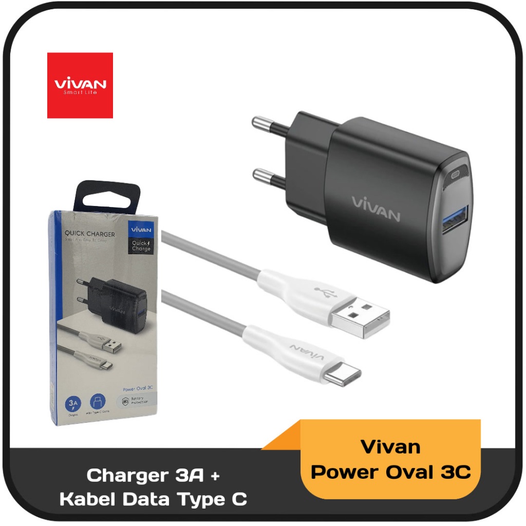Jual Charger satu Port 3A 18W + Kabel data Type C Vivan Power Oval 3C Fast Charging | Shopee ...