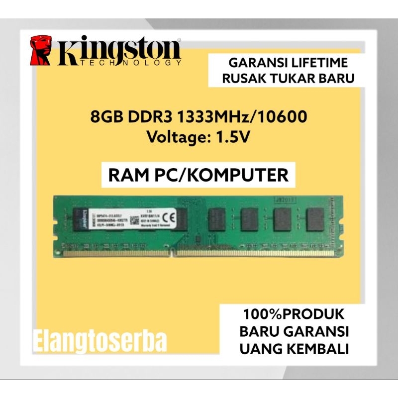 Jual RAM PC KINGSTON DDR3 2, 4 , 8GB 10600 / 1333 MHz ORI RAM KOMPUTER ...