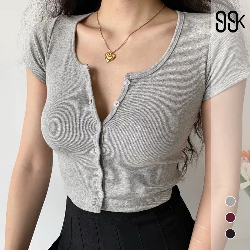 Jual Basic Round Neck Short Sleeve Button Rib Crop Top 1558 (S-XL) | Shopee Indonesia