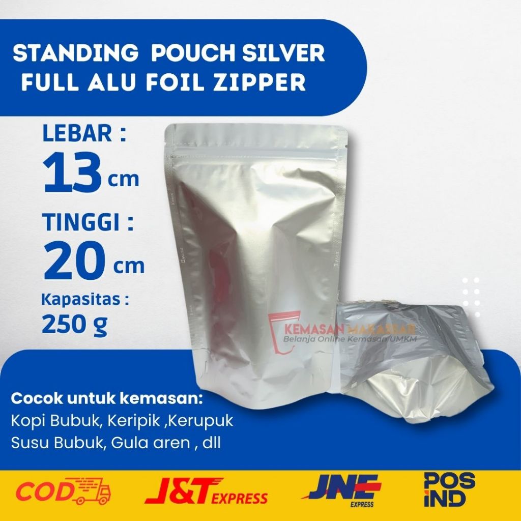 Jual Standing Pouch Padat Alu Foil Silver Zipper 250 gr ( 13 x 20 cm ...