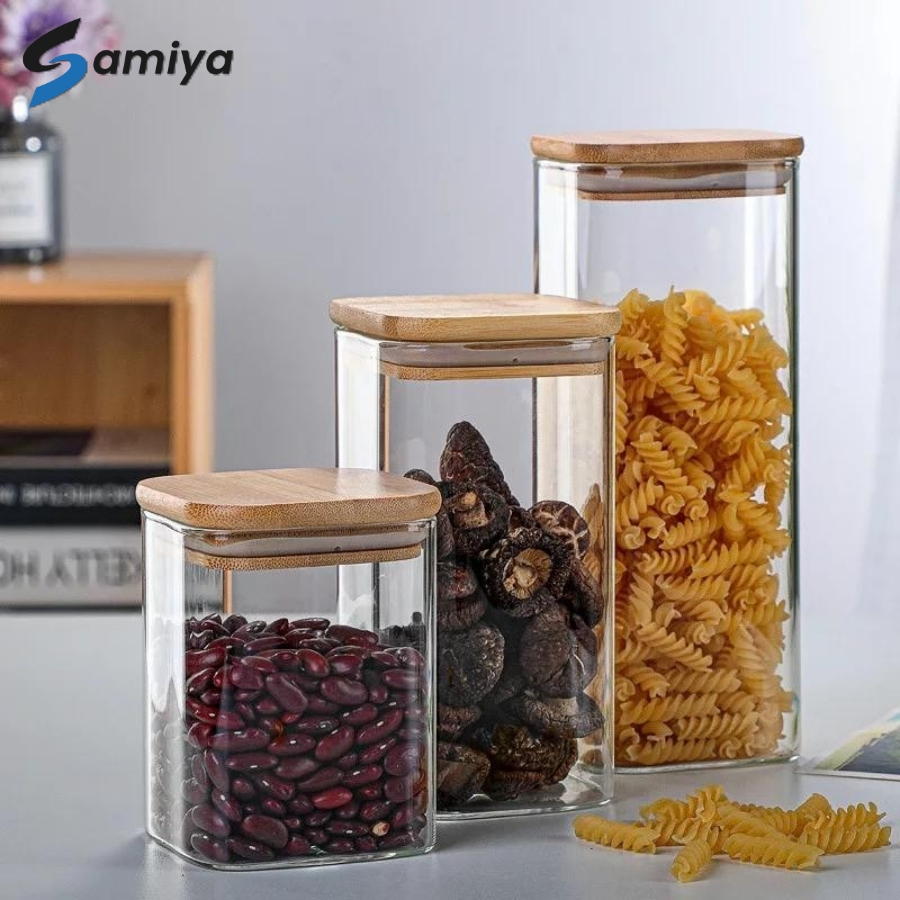 Jual toples kotak makanan dapur / square food storage jar bamboo lid ...
