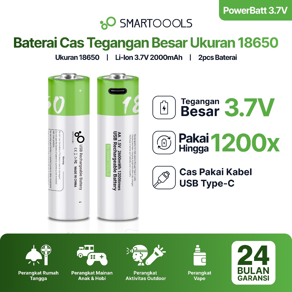 Jual Baterai Cas Isi Ulang 2pcs Smartoools Powerbatt 18650 3.7V Type-C ...