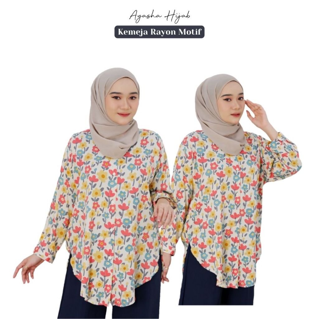 Jual Ayasha - Kemeja Rayon Motif Blouse Oversize LD 120cm Baju Atasan ...