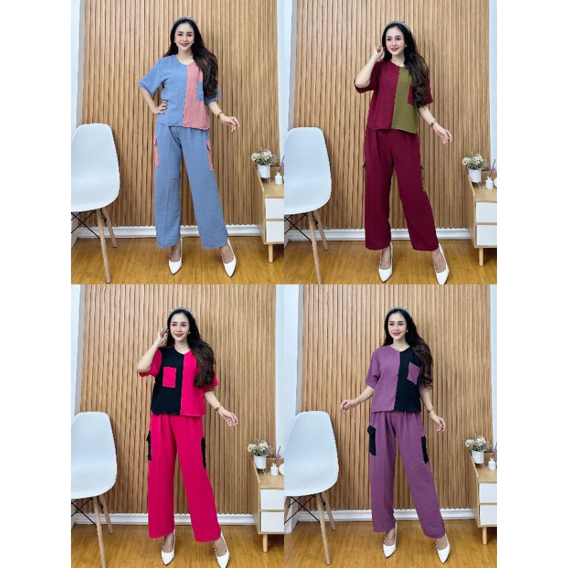 Jual One Set Cargo Panjang Kombinasi Dua Warna/Set Cargo Kombinasi Tuo ...