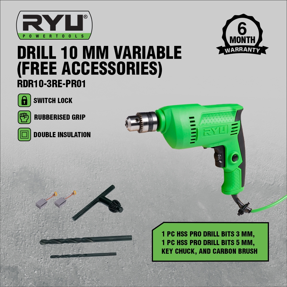 Jual RYU DRILL 10 MM VARIABLE RDR10-3RE FREE ACCESSORIES | Shopee Indonesia