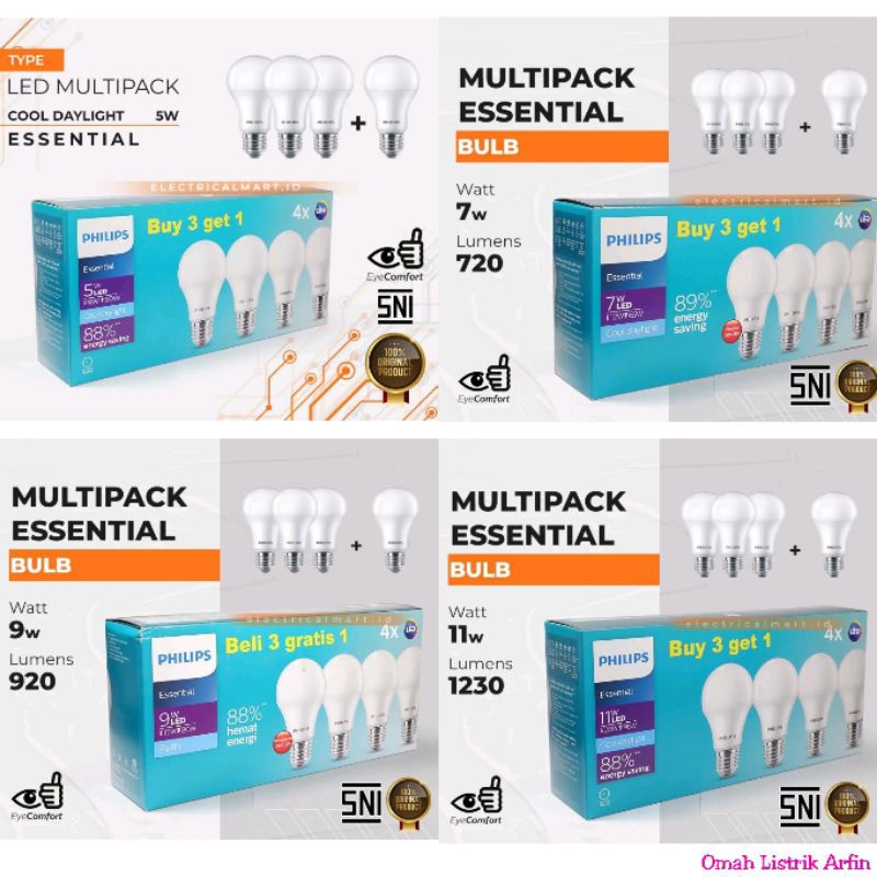 Jual Lampu Philips Essential LED Multipack 5W, 7W, 9W, 11W Putih Cool daylight Beli 3 Gratis 1 ...