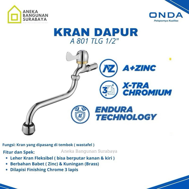 Jual Kran dapur ONDA A 801 TLG 1/2” keran cuci piring tembok leher panjang flexible A801 ...