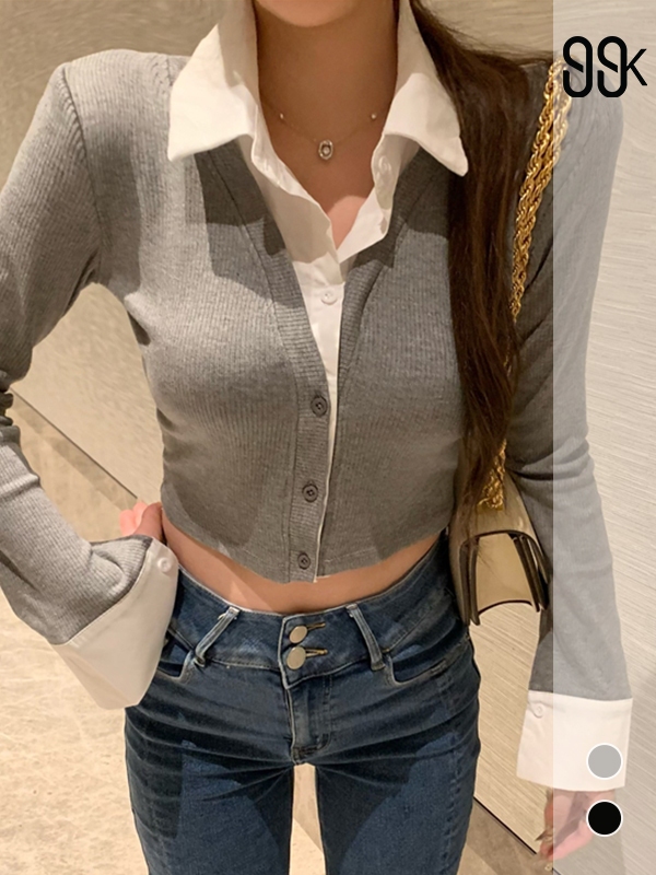 Jual Fake Two Pieces Crop Top Collar Long Sleeve 1773 (S/M/L/XL ...