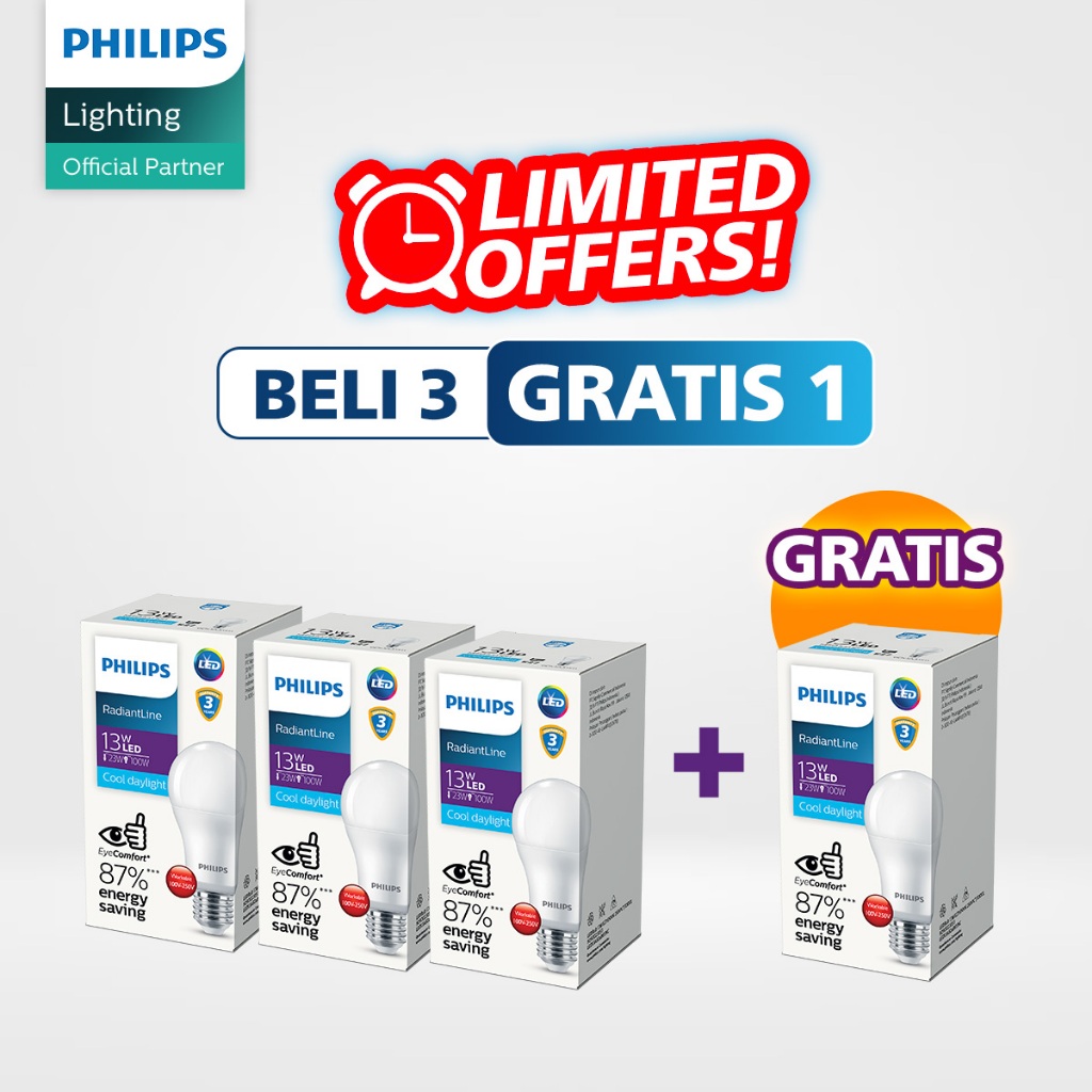 Jual Beli 3 Gratis 1 Philips Lampu RadiantLine LEDBulb 13W Putih ...