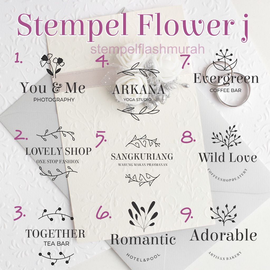 Jual stempel custom J desain bunga flash tinta otomatis wedding flower ...