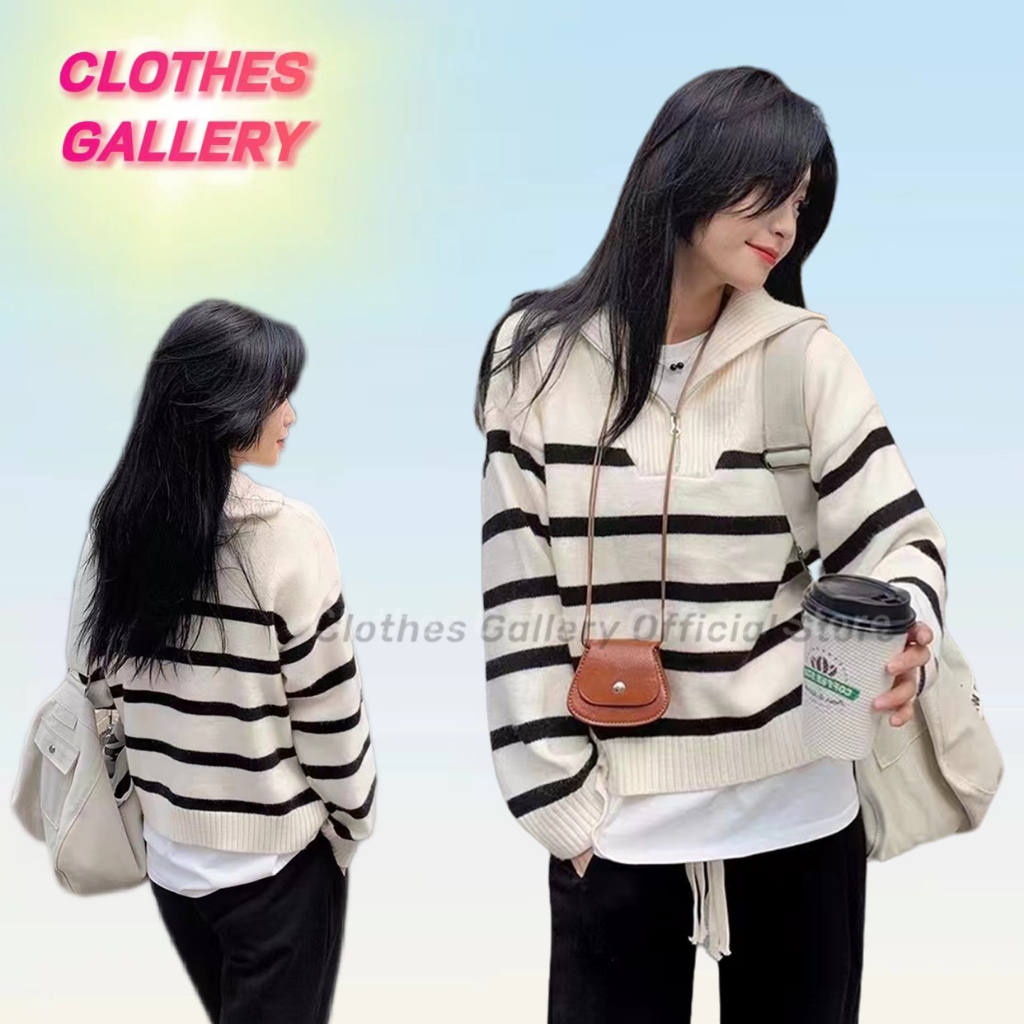 Jual Clothesgallery Sweater Stripe Classy Zipper Rajut Wol Santai V-Neck Polos Bunga Setrip ...