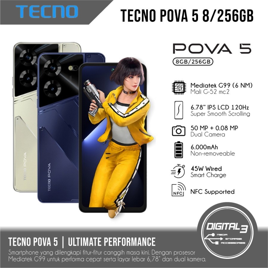 Jual TECNO Pova 5 Edisi Free Fire 4G 8/256GB NFC 6000mAh 50MP Garansi Resmi TAM | Shopee Indonesia