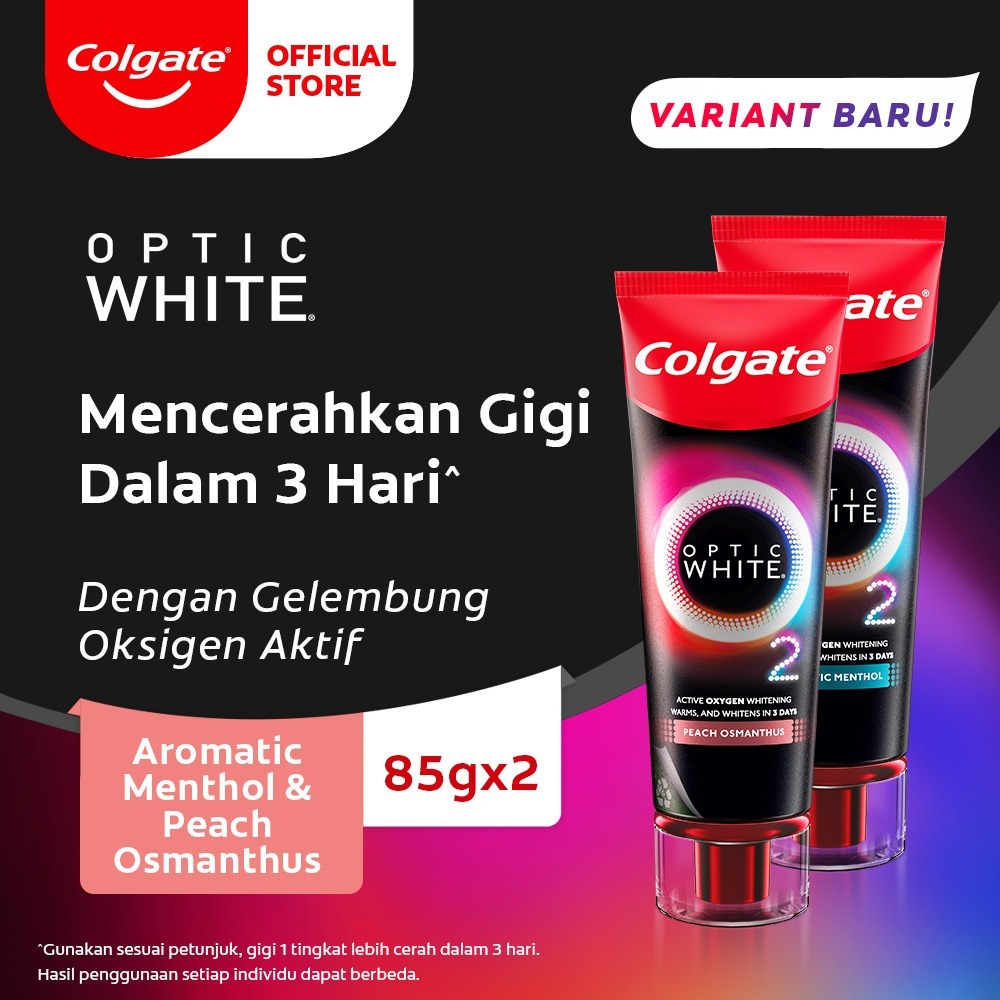 Jual Colgate Optic White O2 85g TwinPack Aromatic Menthol & Peach ...