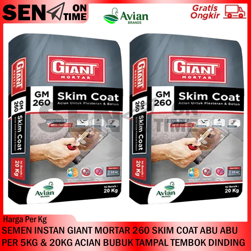 Jual SEMEN INSTAN GIANT MORTAR 260 SKIM COAT ABU ABU AVIAN PER 5KG ...
