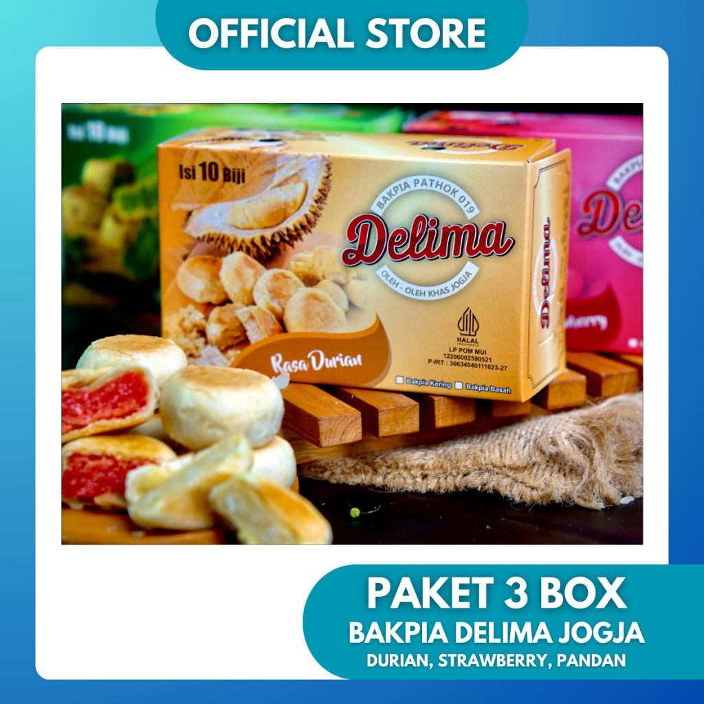 Jual [PAKET 3 BOX] BAKPIA DELIMA KERING DURIAN, STROBERI, PANDAN ISI 10 ...
