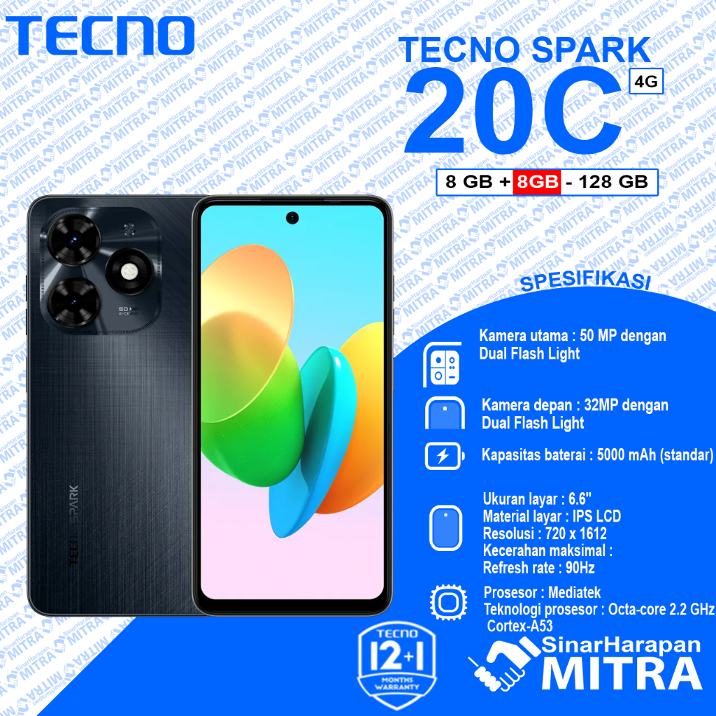 Jual TECNO SPARK 20C NFC – 8GB+8GB/128GB, 18W Fast Charging, Stereo Dual Speaker, Dynamic Port 6 ...