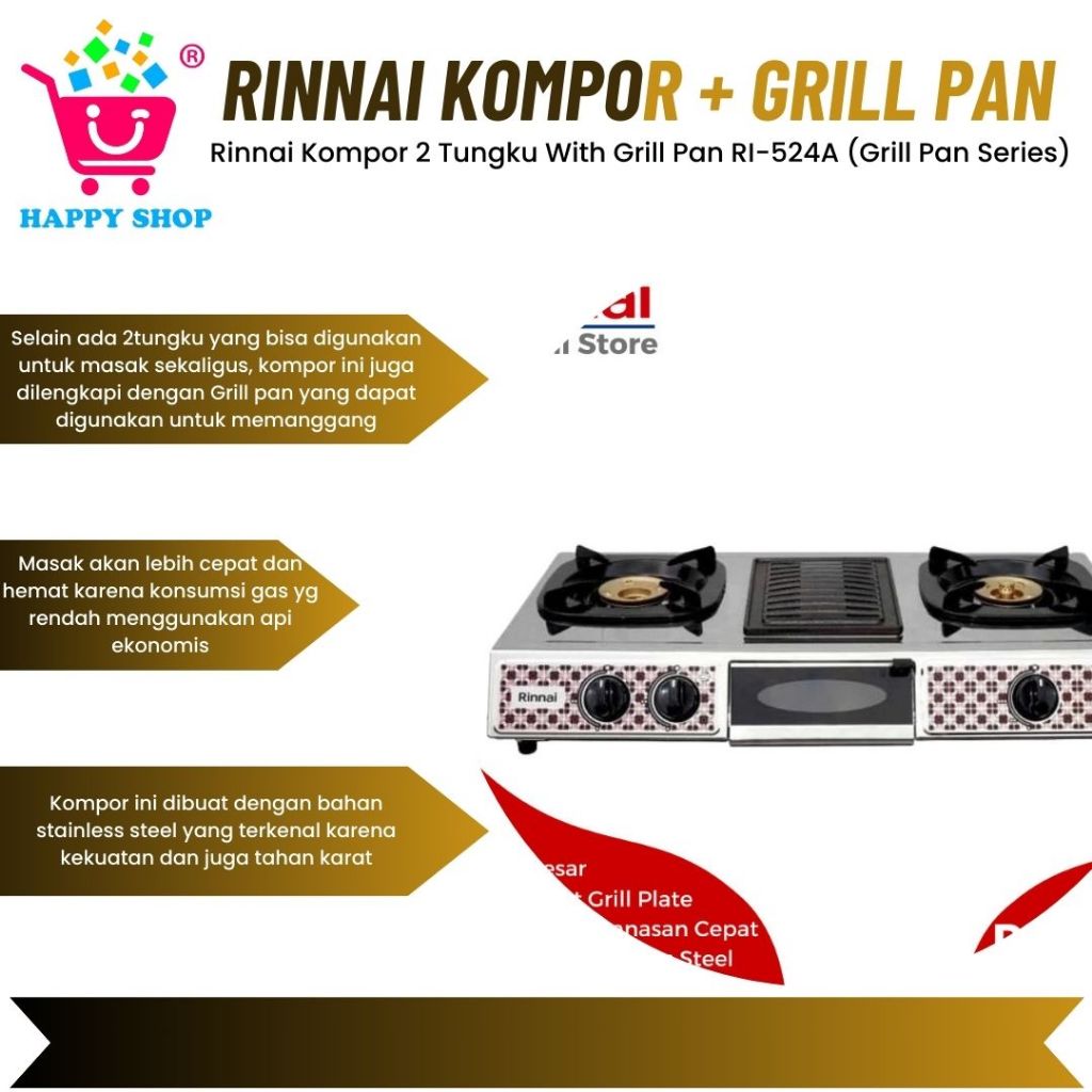 Jual Rinnai Kompor 2 Tungku With Grill Pan RI-524A (Grill Pan Series ...