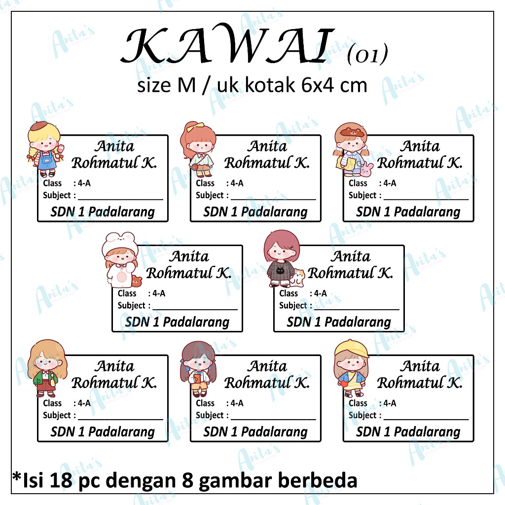 Jual 18pc STIKER NAMA BUKU PELAJARAN ANAK SEKOLAH tema KAWAI 01 | size ...