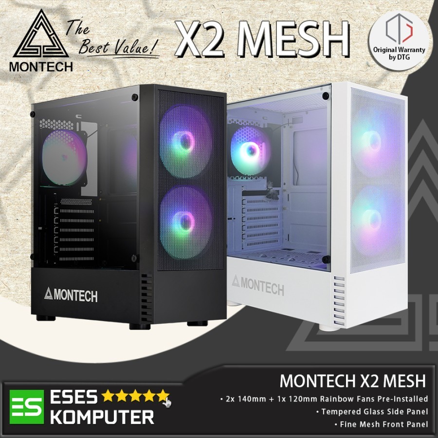 Jual Case MONTECH X2 MESH BLACK / WHITE ATX | 3X Rainbow Fan Tempered ...