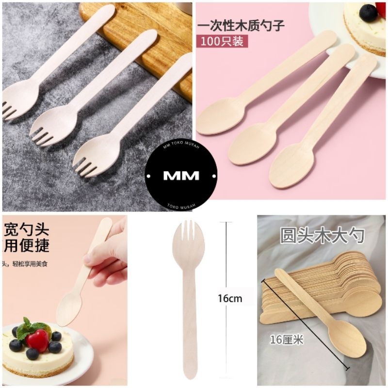 Jual 100pcs 16CM sendok kayu dessert sendok kayu kue cake garpu kayu ...